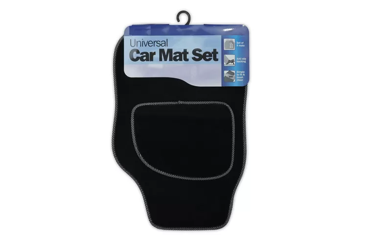 4 Piece Black Carpet Mat Set with Grey Piping